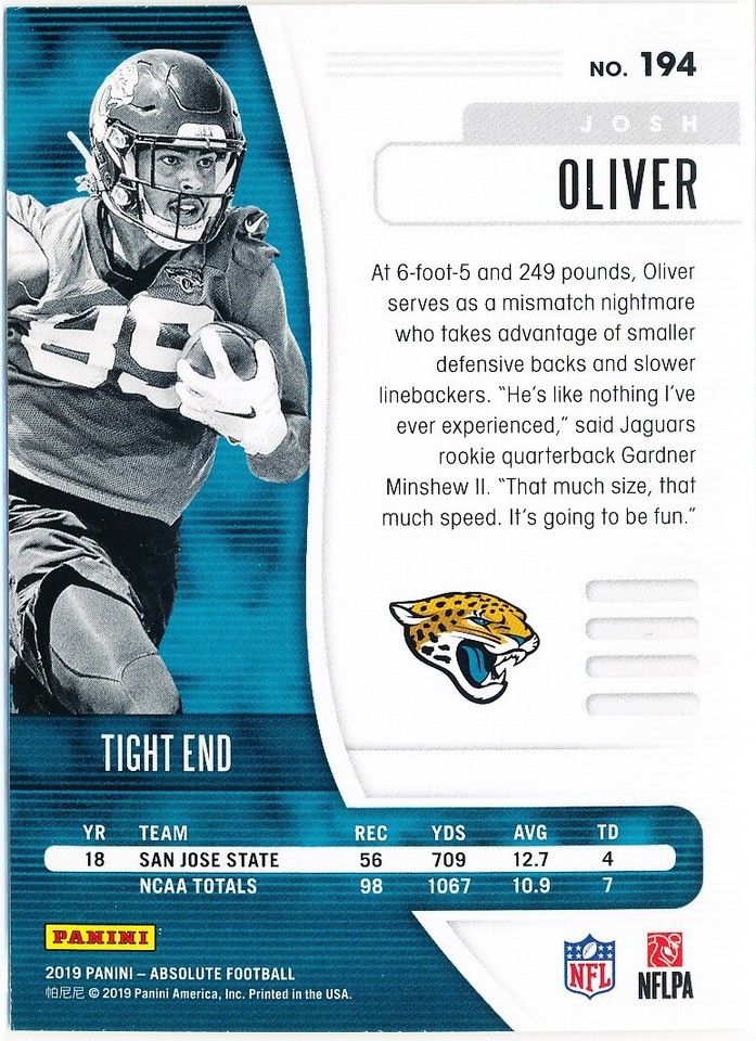 Josh Oliver GREEN 2019 Panini Absolute Football #194 Jacksonville ...