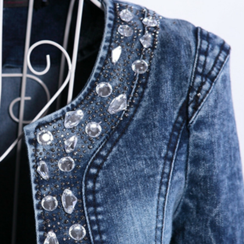 Lady Crystal Denim Jacket Coat Faded Jeans Blazer Shiny Fitted Slim ...