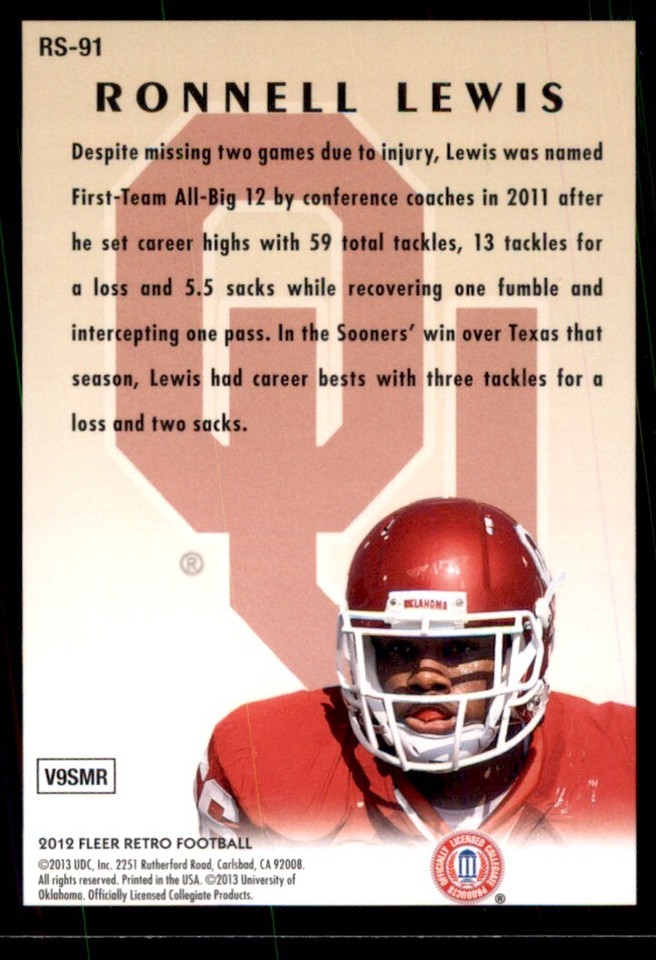 2012 Fleer Retro Rookie Sensations Ronnell Lewis Oklahoma Sooners #RS91 ...