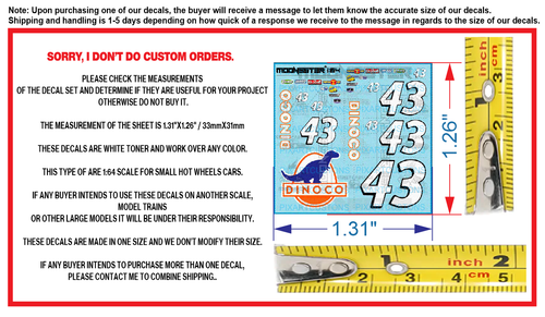 Cars Dinoco 43 White Toner Water Slide Decal Set 1:64 For Hot Wheels, 1 ...