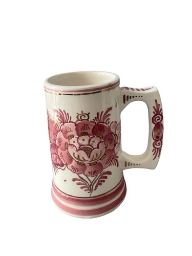 Vintage Delfts Rood Pink & Gold Ceramic Beer Stein Floral Hand Painted ...