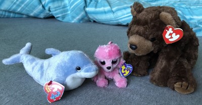 3 TY Beanie- Babies Cocoa Brown Bear & 2.0 Clipper the Dolphin, Boo's ...
