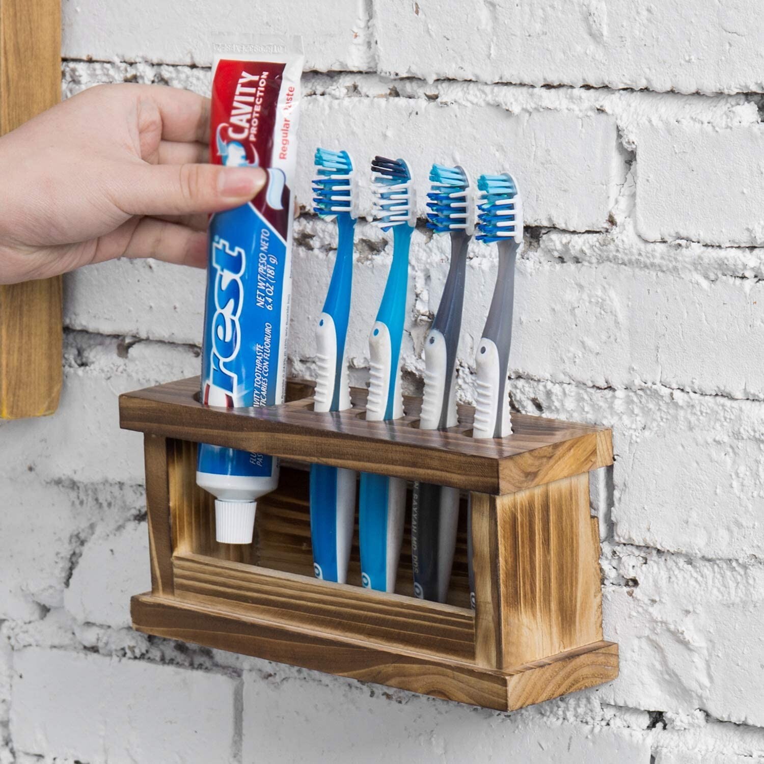 5 Slot Rustic Burnt Wood Bathroom Organizer Rack, Toothbrush ...