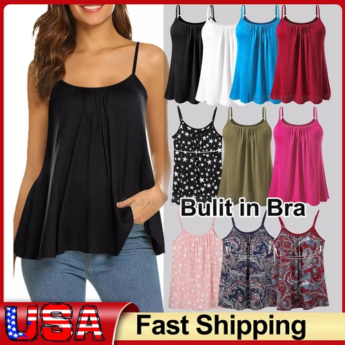 Women Camisole Sleeveless Vest with Built in Bra Flowy Tank Top Adjustable Strap | eBay