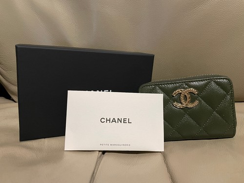 Chanel 22K Khaki Green Zip Caviar Card Case / Holder Wallet NEW ...