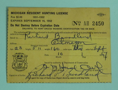 1951 Michigan Conservation Dept Resident Small Game Hunting Permit ...