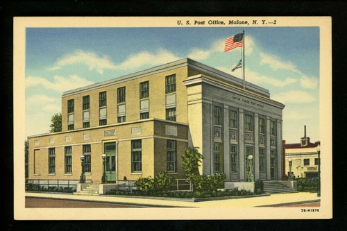 Post Office postcard New York NY Malone flags mailbox globe lights ...