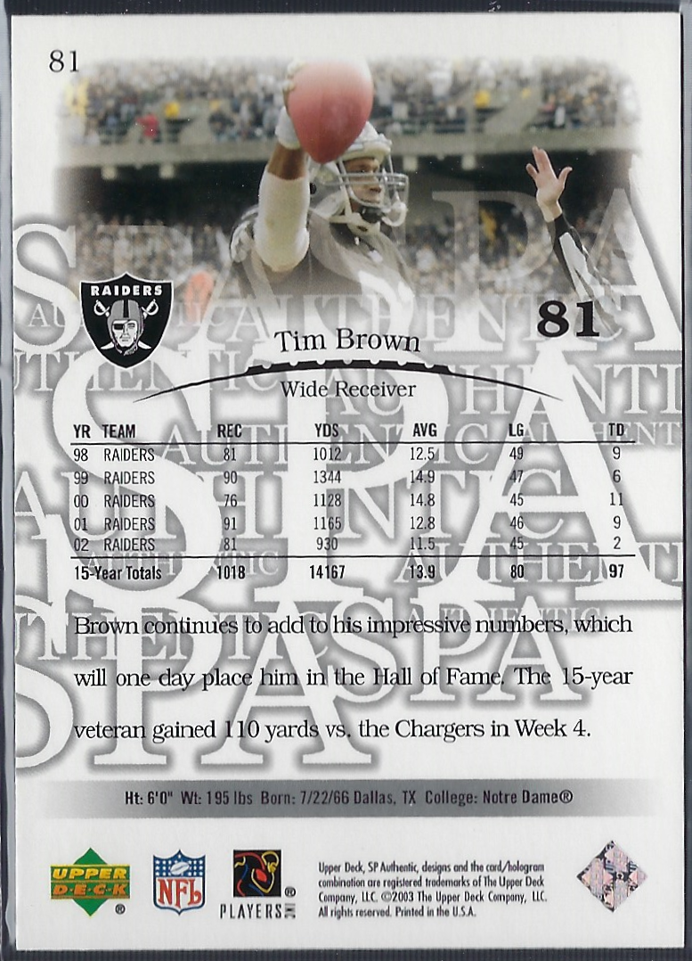 2003 SP Authentic Upper Deck #81 Tim Brown Raiders EX Football Card | eBay