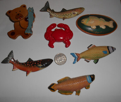 Refrigerator Magnets Aquatic Theme Lot Fish, Crab, Wooden Bear w/Fish ...