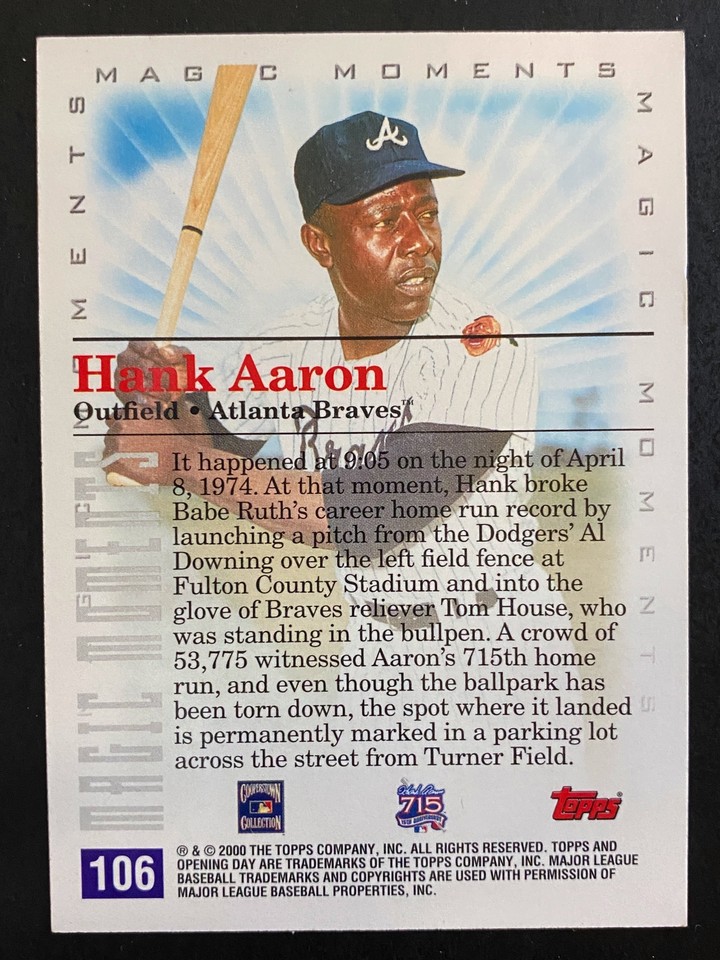 Hank Aaron 2000 Topps Opening Day 715th Home Run Atlanta Braves #106 | eBay
