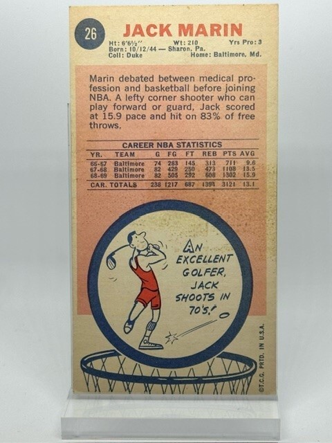 1969-70 Topps Basketball Jack Marin Baltimore Bullets Card Number #26 ...