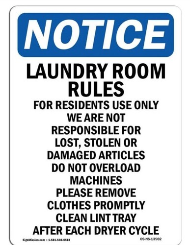 OSHA Notice - Laundry Room Rules For Residents Sign | Heavy Duty ...
