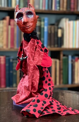VINTAGE HANDMADE FOLK ART PAPIER MACHE DEVIL or DEMON PUPPET Signed "EL ...