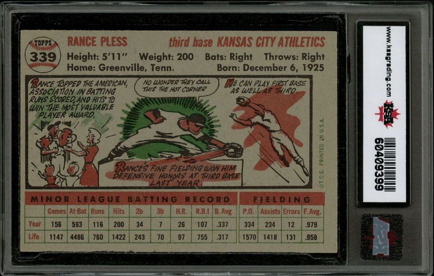 1956 TOPPS BASEBALL CARD~#339~RANCE PLESS~RC~KANSAS CITY ATHLETICS~KSA ...