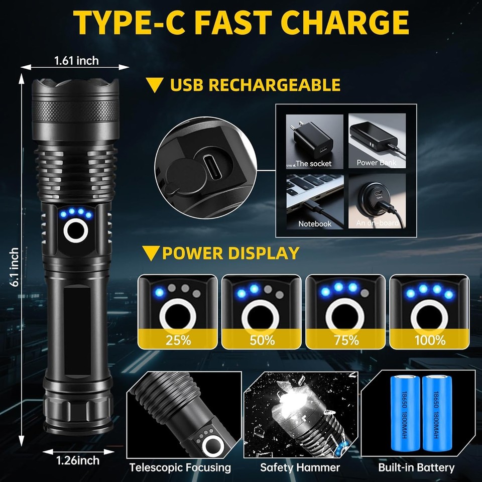 2PCS High Powered LED Flashlight Super Bright Light USB Rechargeable ...