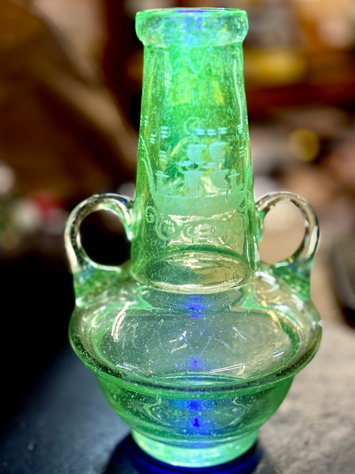 Rare Hand-Blown Uranium Glass Vase with Etched Sailing Ship Design (OBO ...