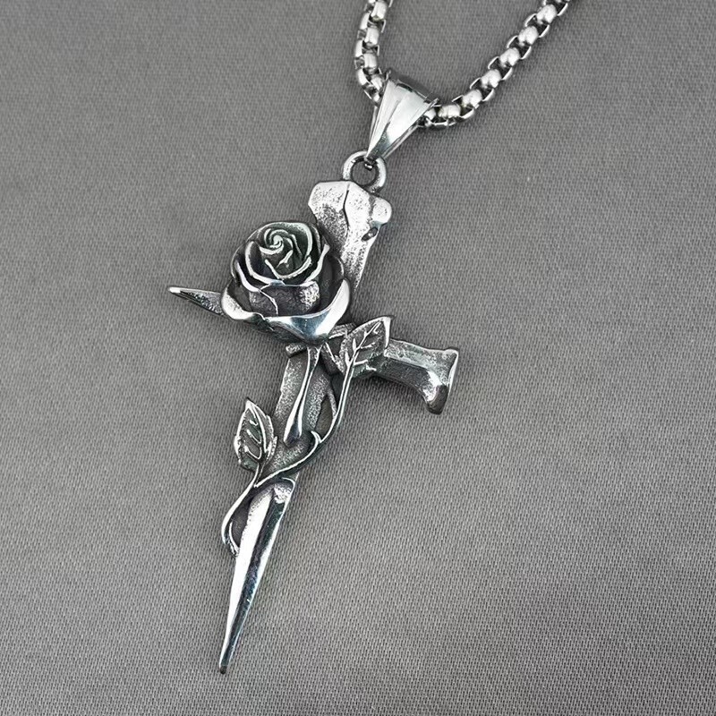 Men Women Silver Rose Cross Pendant Catholic Christian Necklace Box ...