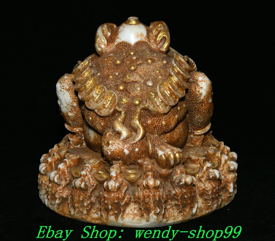 Chinese Old Jade Gilt Feng Shui Wealth Golden Toad Spittor Coin Yuanbao ...