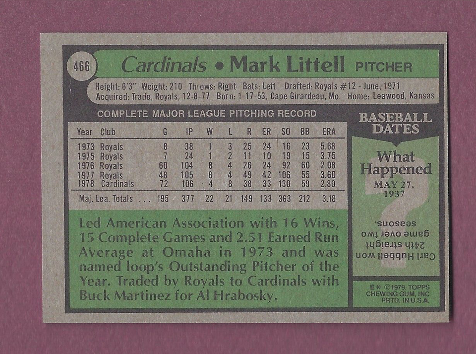 CENTERED SHARP 1979 TOPPS BASEBALL #466 MARK LITTELL .99 SH N500 | eBay