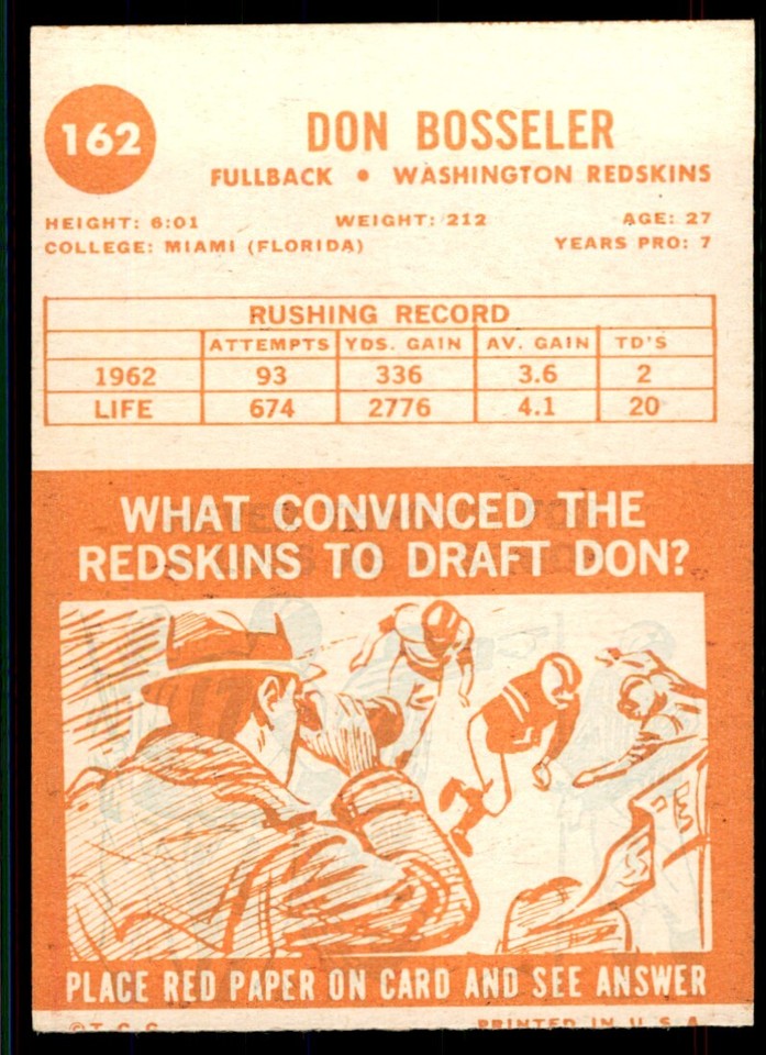 1963 Topps Don Bosseler . Washington Redskins #162 | eBay