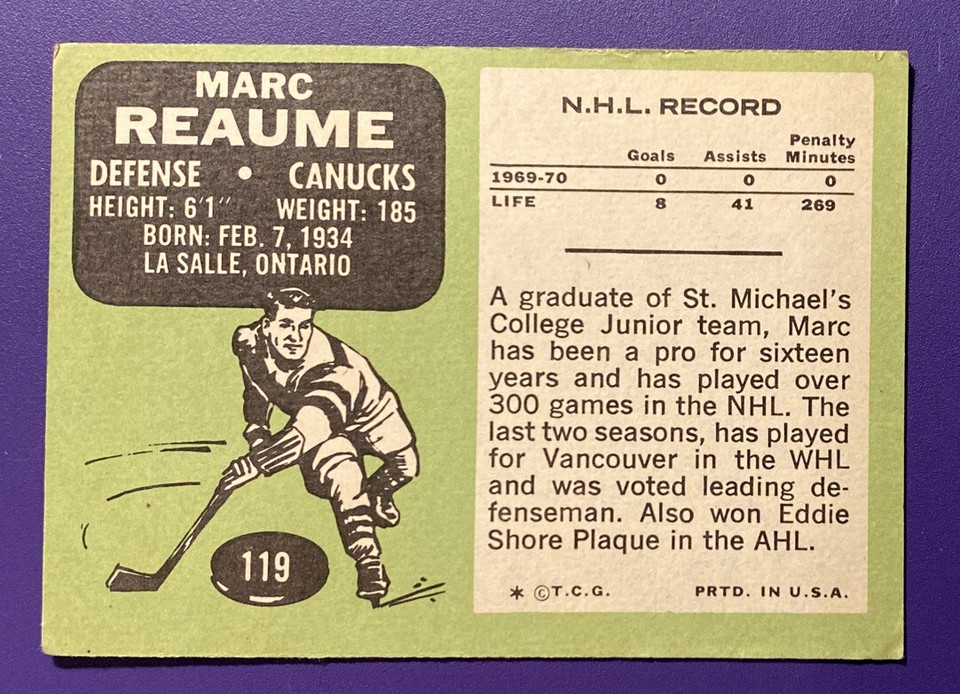 Marc Reaume - Canucks 1970 - 71 #119 Topps Hockey Card - Fair Filler ...