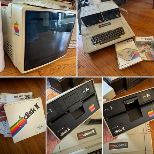 Vintage Apple II Plus Computer w/ Monitor Drive A Drive B Manuals Disks ...