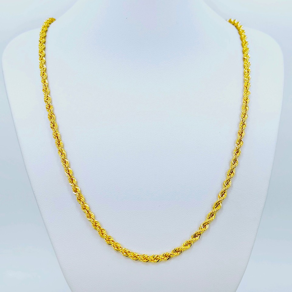 22K Yellow Gold Rope Chain Necklace 24 in Hollow 3.6mm Genuine ...