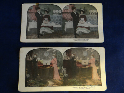 (2) EARLY 1900'S PROVOCATIVE HUSBAND & WIFE COLORFUL STEREOVIEW ...