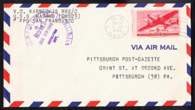 WWII Sailor's Mail Minesweeper USS MACOMB DMS-23 Christmas '45 Naval ...