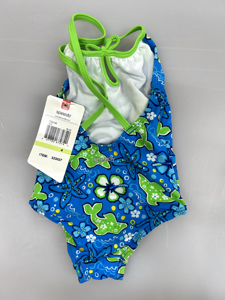 New Girls size 4 Speedo 1 pc Blue Green Dolphin & Flower Swim Suit ...