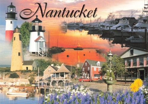 Postcard MA Nantucket Lighthouses Sunset Yachts Boats Flowers Cape Cod ...