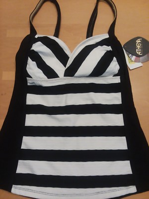 NWT Athena Sz 10 Black White Stripe 69421 Swim Bathing Suit Beach Top ...