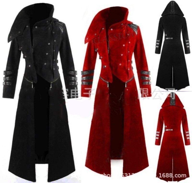 Men's Hooded Steampunk Military Trench Coat Long Jacket Gothic Overcoat ...