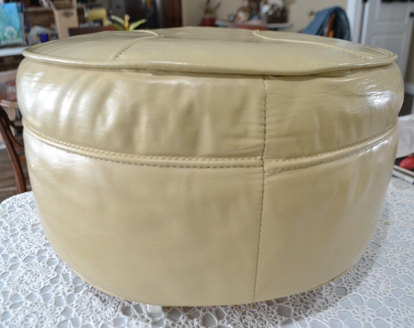 Vintage Mid Century Modern Retro Round Beige Vinyl Ottoman Footstool ...