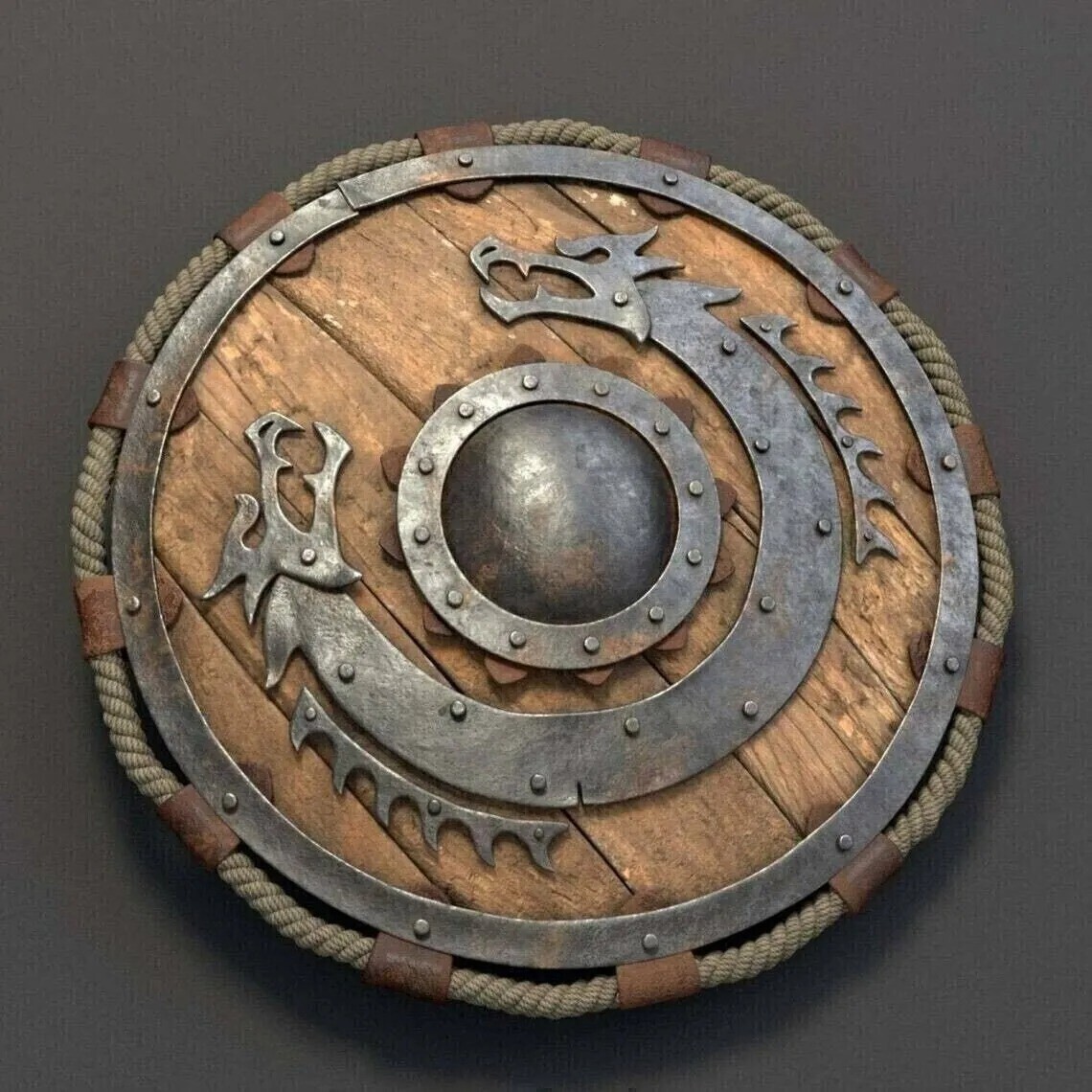 Medieval 24" Round Warrior Wooden Viking Rope Shield Dragon Face Armor ...