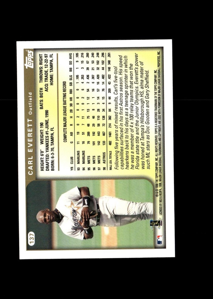 Carl Everett 1999 Topps Baseball Card #137 Houston Astros | eBay
