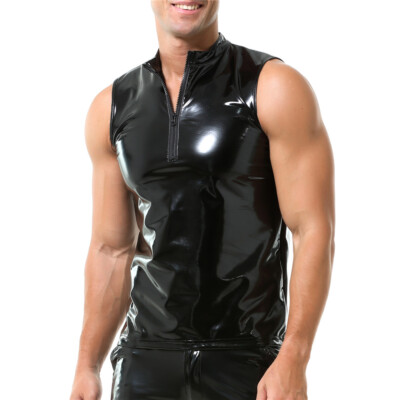 Mens Wet Look PVC Leather Tank Tops Shiny Nightclub Sleeveless T-Shirt ...