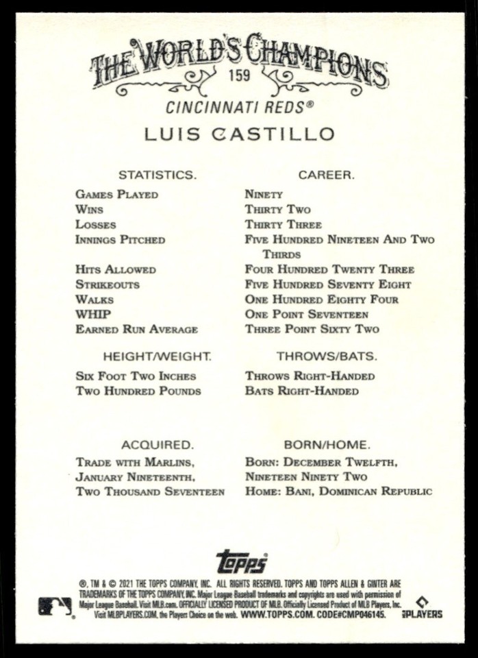 2021 Topps Allen & Ginter Luis Castillo Cincinnati Reds #159 | eBay