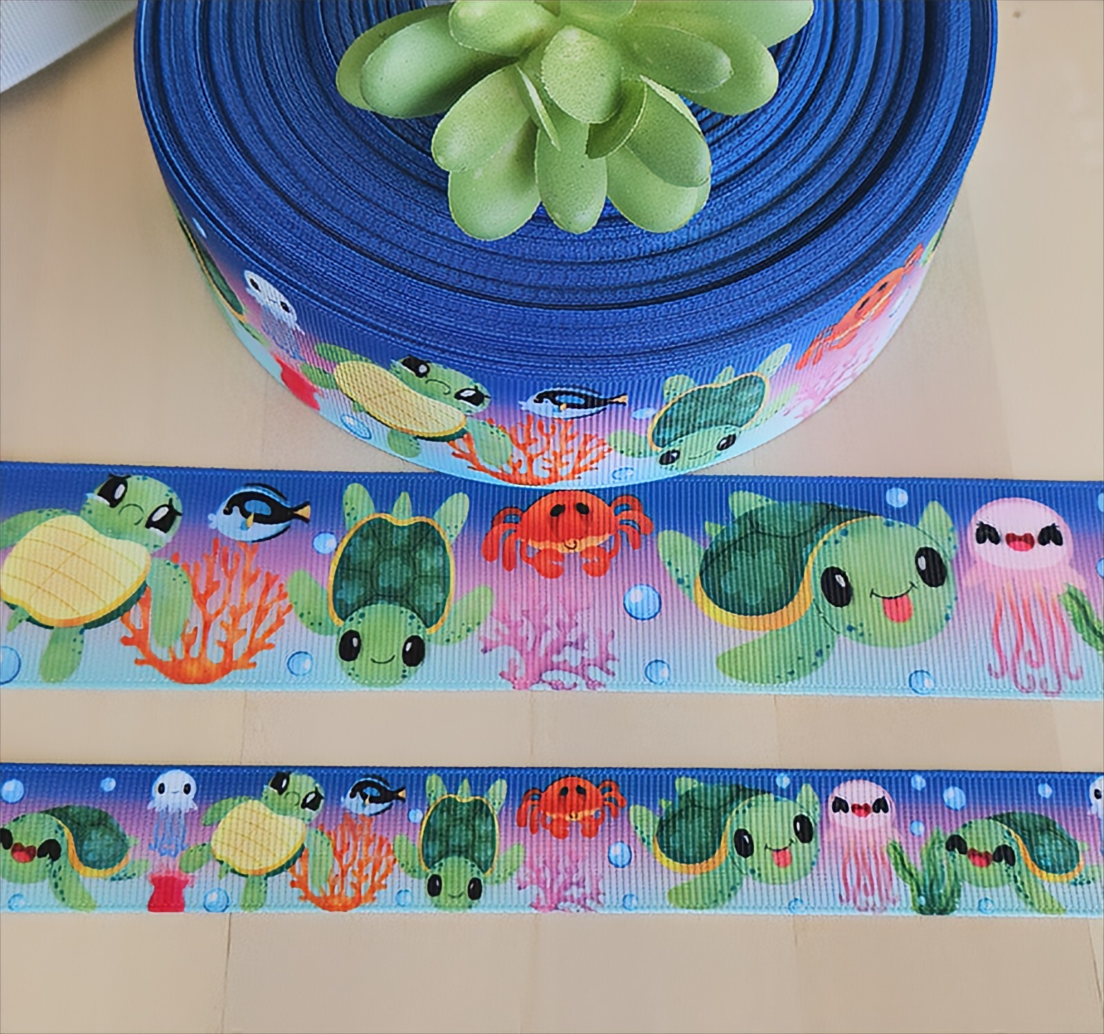 7/8 & 1.5" (1 YD) Turtle Grosgrain Ribbon Tortoise Jelly Fish Crabs ...