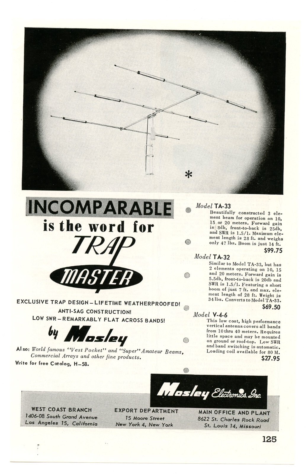 QST Ham Radio Ad INCOMPARALE is the word for TRAP MASTER by MOSLEY (6/ ...