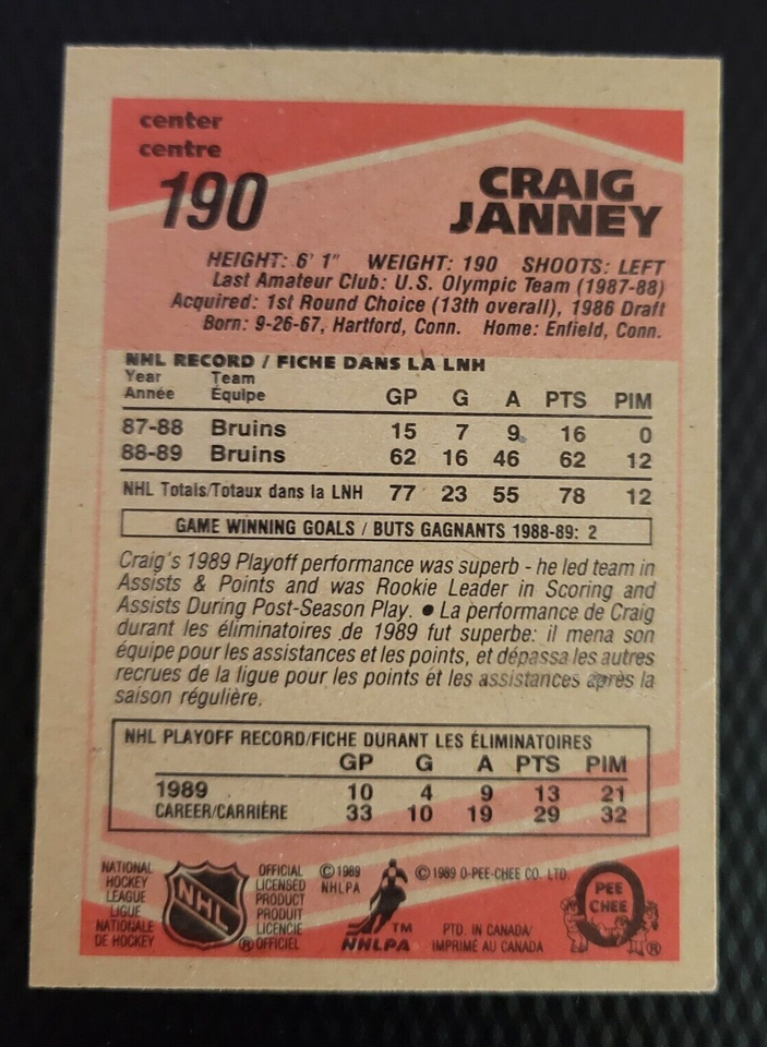 1989-90 Topps CRAIG JANNEY Boston Bruins ROOKIE NHL Career Stats Card ...