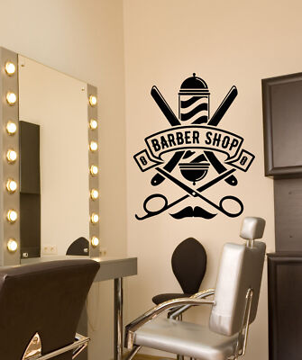 Vinyl Wall Decal Barbershop Beauty Salon Logo Straight Razor Stickers ...
