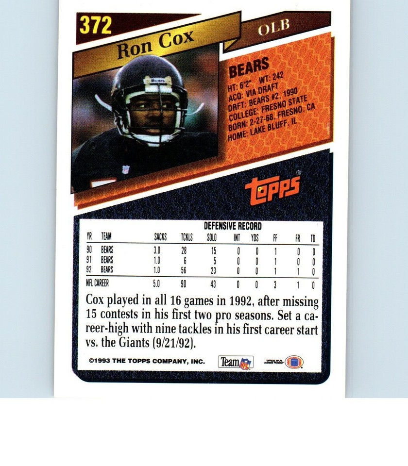 Ron Cox 372 Bears 1993 Topps Football Trading Card | eBay