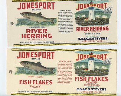 Vtg JONESPORT Fish Flakes and River Herring Can/Box Labels Jonesport ...