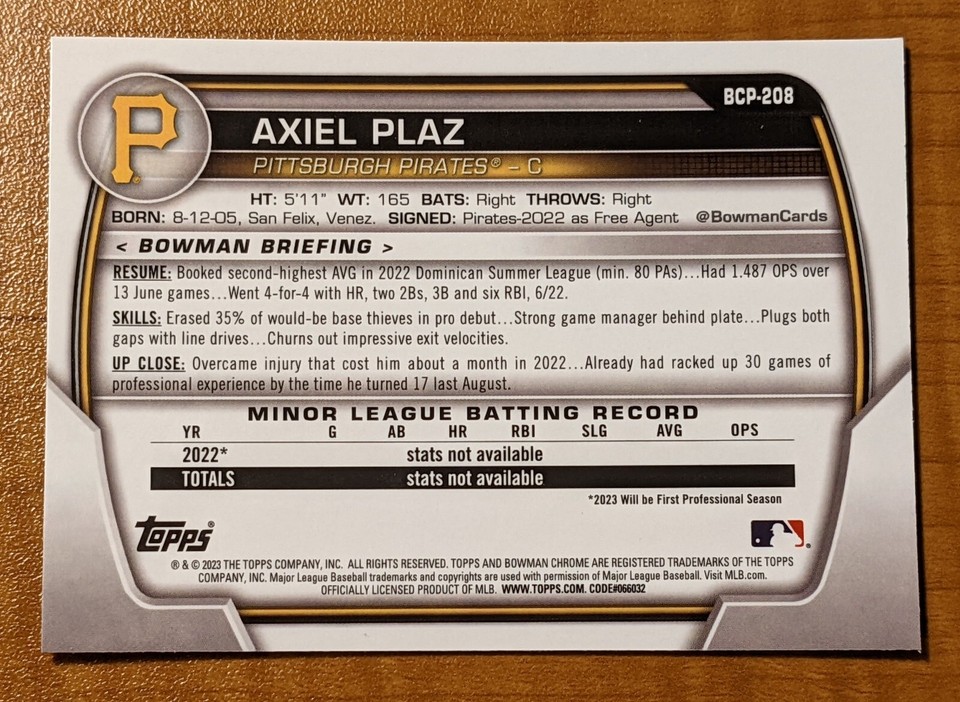 Axiel Plaz 2023 1st Bowman Chrome Mojo Refractor #BCP-208 Pittsburgh ...
