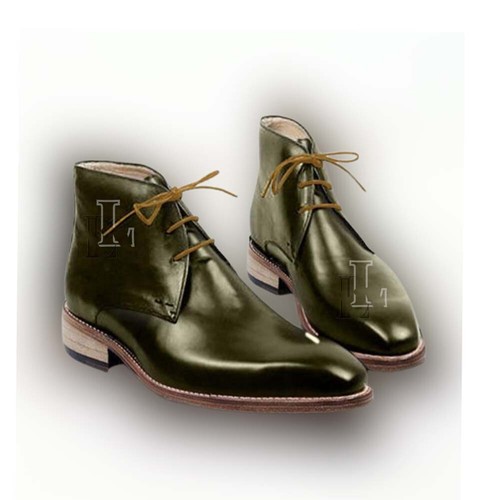 Handmade Men's Half Ankle Green Lace Up Genuine Leather Whole Cut Boot ...