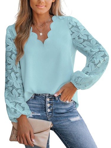 CUPSHE Women Shirts Floral Lace Scalloped Top Long Sleeves Solid Tee ...