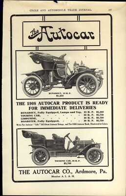 1907 PAPER AD CAR AUTO Autocar 1908 Runabout Touring Limousine Roadster ...