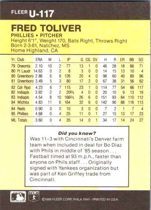 Fred Toliver 1986 Fleer Update #U-117 Baseball Card | eBay
