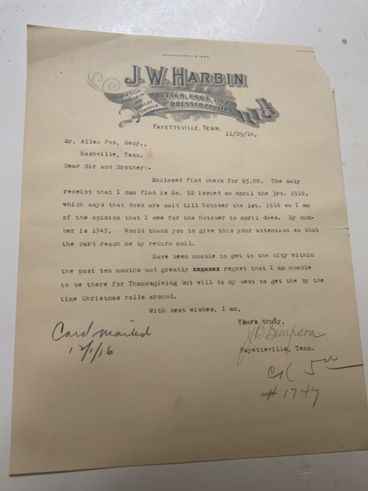 1916 letterhead J.W. Hardin Wholesale Dealer Fayetteville TN Signed JB ...